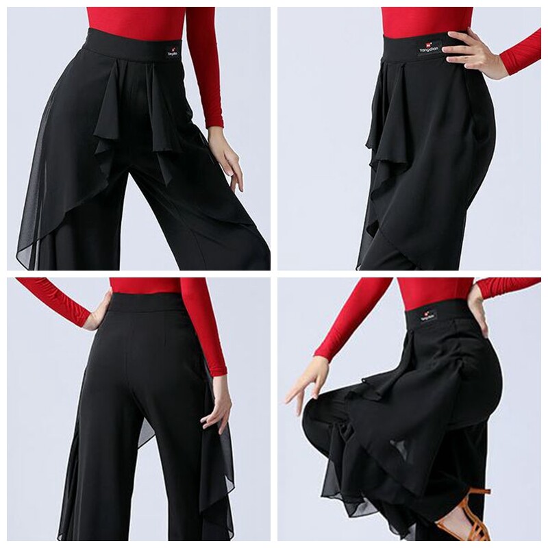 Ladies High Waisted Latin Dance Ruffle Pants Ballroom Practice Trousers ...