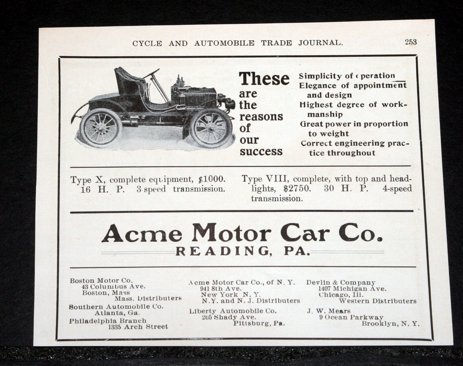 1905 OLD MAGAZINE PRINT AD, THE ACME MOTOR CAR CO, "TYPE X" 3 H.P ...