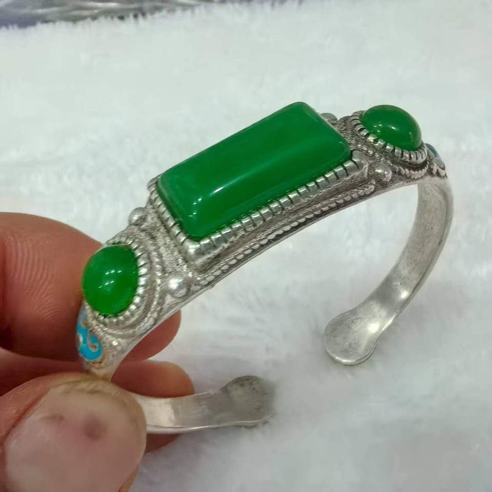 Green Jade Inlaid Tibetan Silver ,Chinese Old Handmade chains Bracelet ...