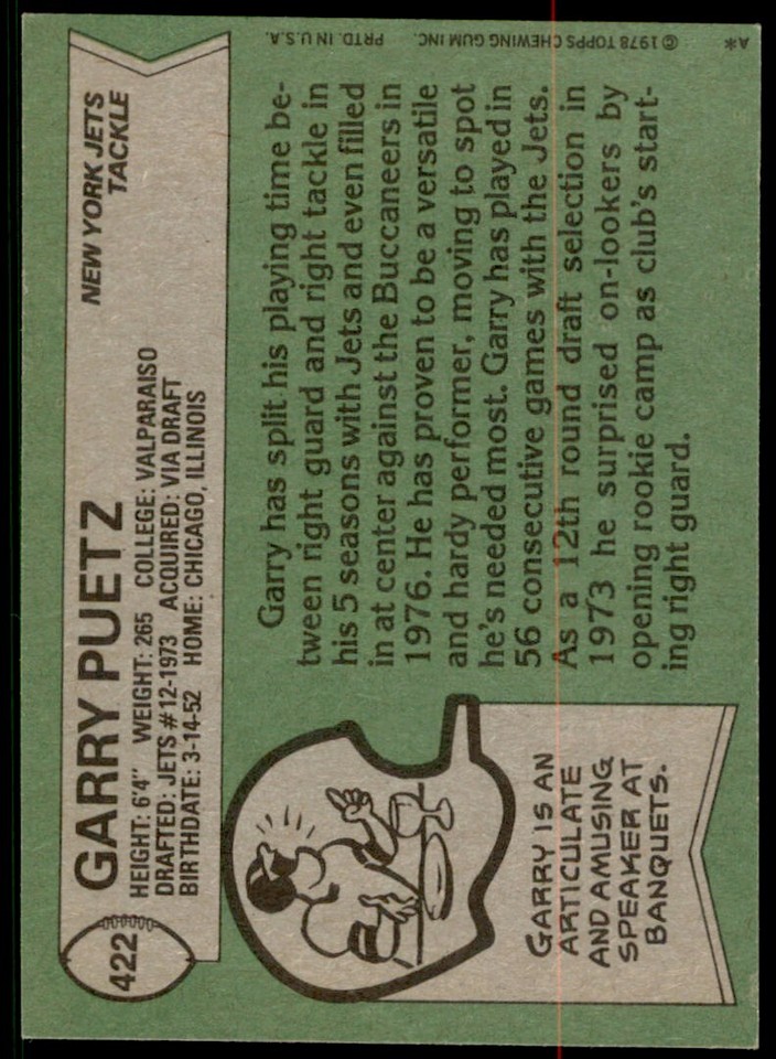 1978 TOPPS GARRY PUETZ NEW YORK JETS #422 | eBay