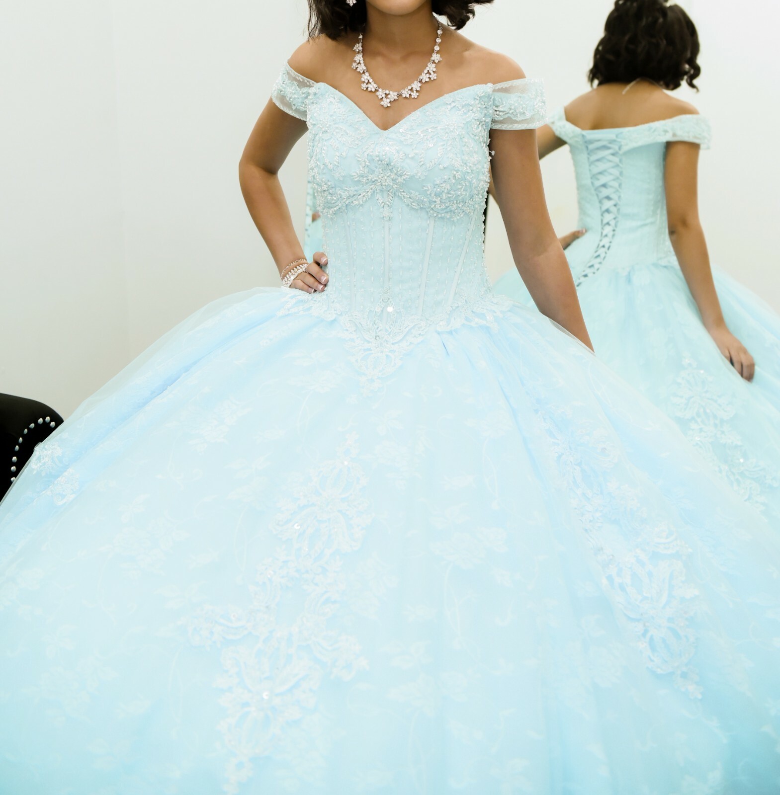 light blue petite size princess style flower embroide… - Gem