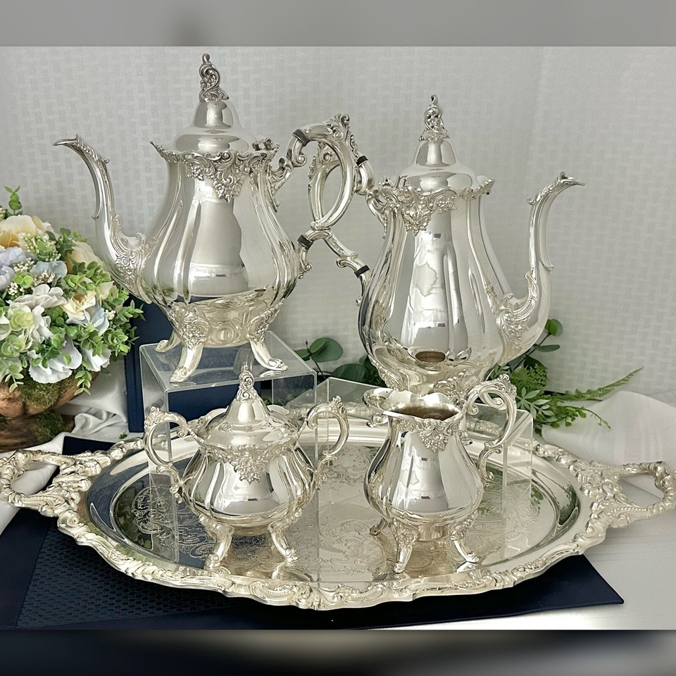 Wallace Baroque Silver Plate Tea and Coffee Service Set w/ Footed Tray ...