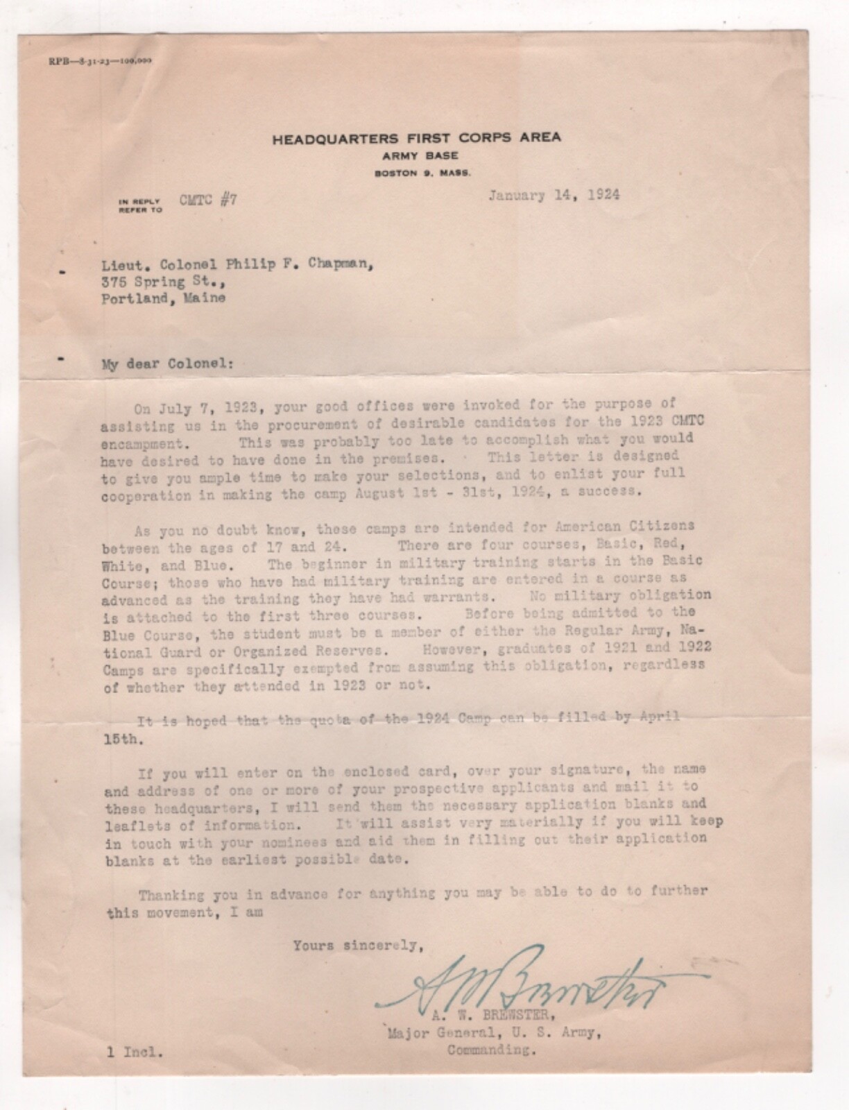 1924 HEADQUATERS 1ST CORP AREA WAR DEPT LETTERHEAD ARMY BASE BOSTON MA ...