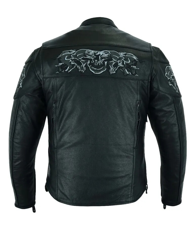 Leather Black Men's Motorcycle Racer Jacket Reflective Skulls On Back ...