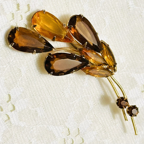 Nice Vintage Brown Topaz & Yellow Amber Glass Rhinestone Floral Brooch ...