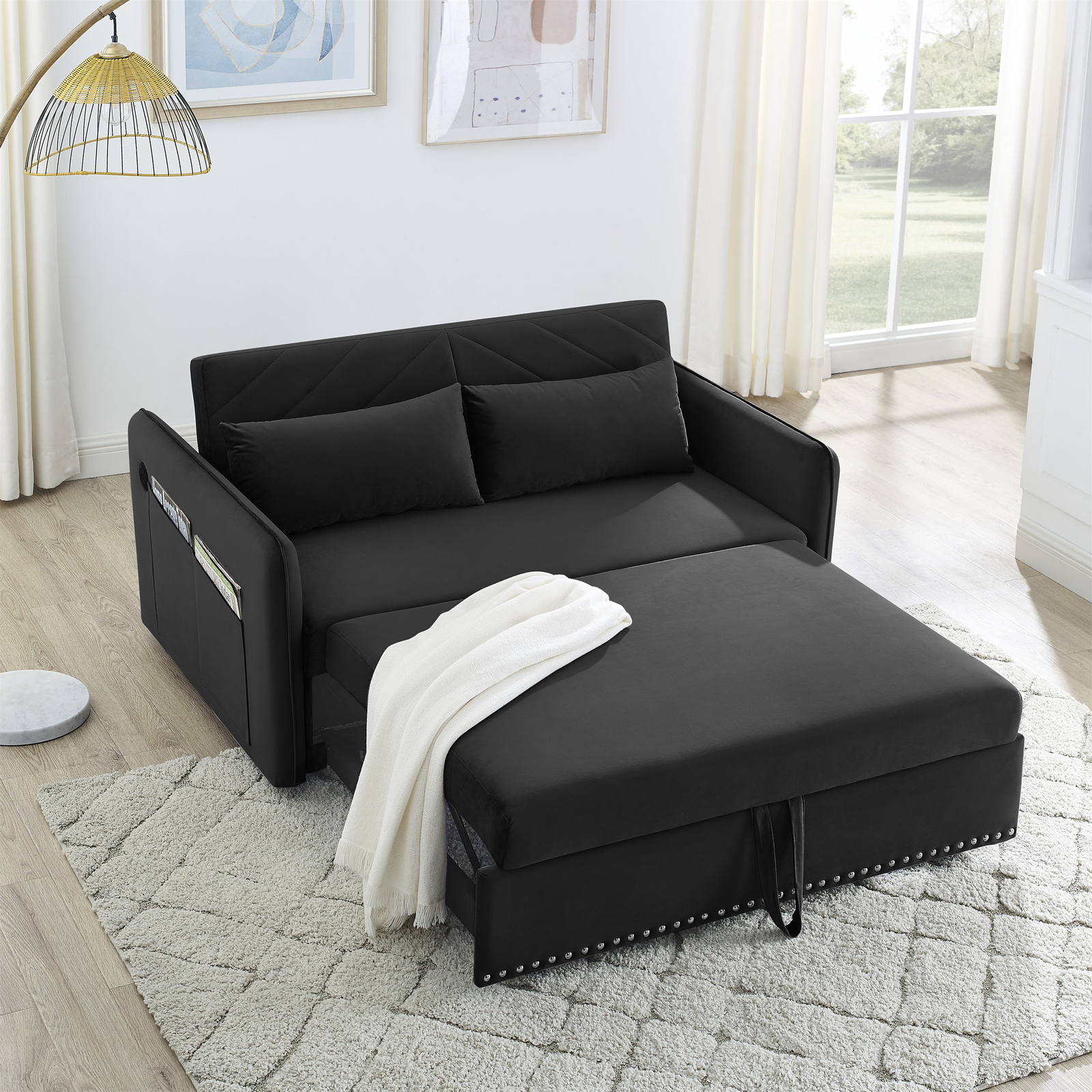 3-in-1 Adjustable Sleeper Soft Velvet Convertible Sleeper Sofa Bed w ...