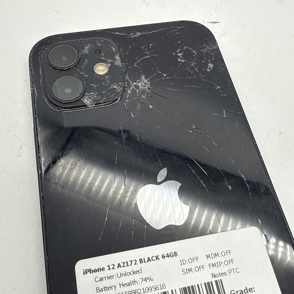 Apple iPhone 12 64GB Black (Unlocked) Working - Cracked Back Glass (GT8 ...