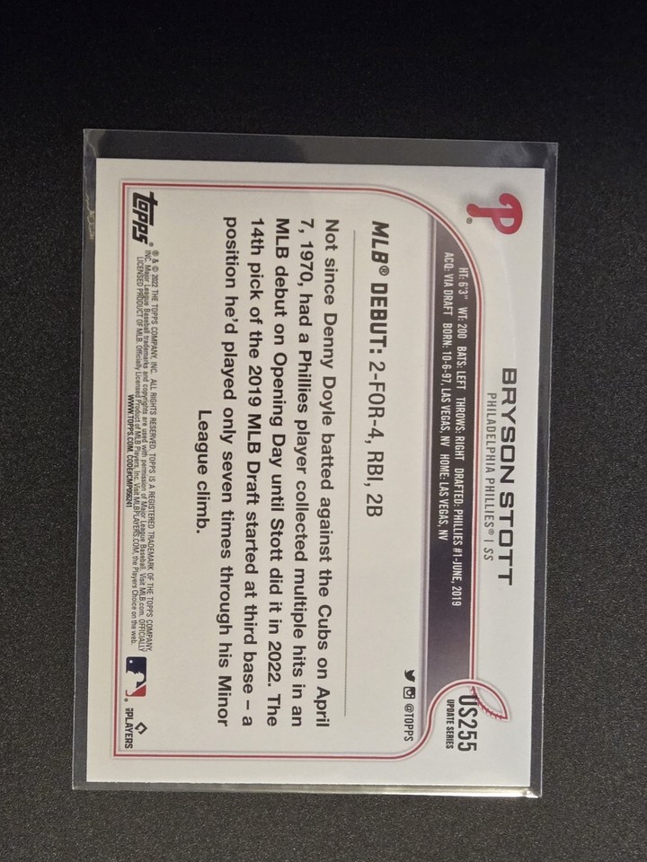 2022 Topps Update Bryson Stott Rookie Debut RC #255 Philadelphia ...
