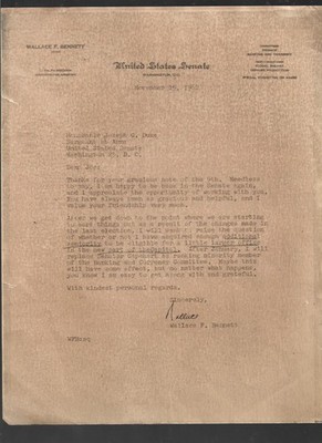 hand signed letter Sen Wallace Bennett, UT to Jos. Duke Senate Sergeant ...