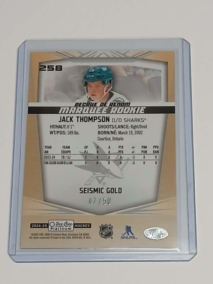 SHARKS - 2024-25 OPC Platinum Jack Thompson Marquee Rookie Seismic Gold ...