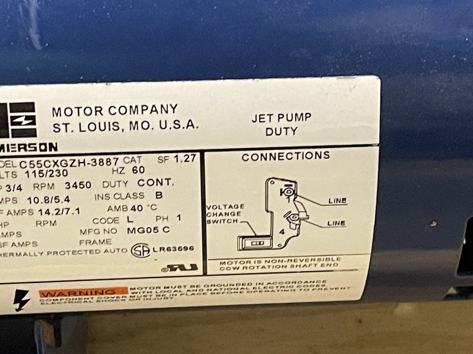 FRANKLIN Emerson BOOSTER Jet 3/4 PUMP MOTOR C55CXGZH-3887 FPS HB4 ...