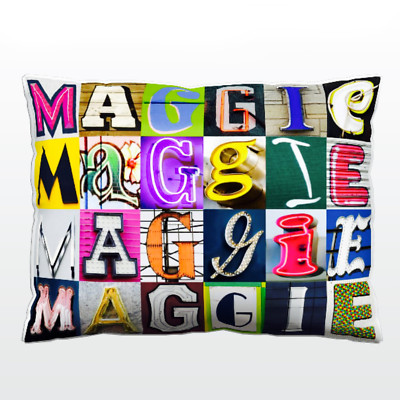 Personalized Pillow featuring the name MAGGIE in photos of sign letters ...