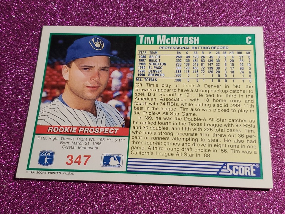1991 Score Tim McIntosh RC Rookie Prospect Milwaukee Brewers #347 | eBay