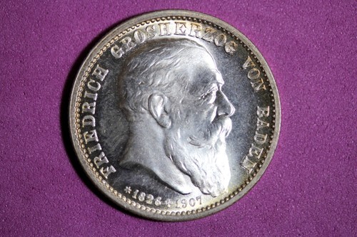 1907 German States Baden Death of Frederick I 2 Marks Silver Coin # ...