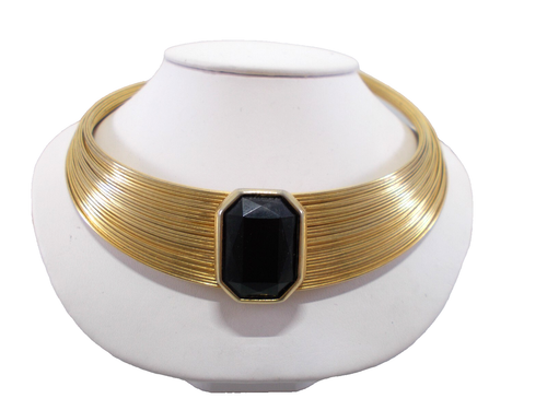 Gold Tone Multi Wire Torque Collar Necklace With Black Faceted Center ...