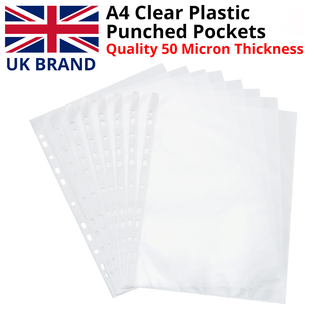 100 X A4 PLASTIC PUNCH PUNCHED POCKETS 50 MICRON FILING WALLETS FOLDERS ...