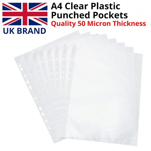 100 X A4 PLASTIC PUNCH PUNCHED POCKETS 50 MICRON FILING WALLETS FOLDERS ...