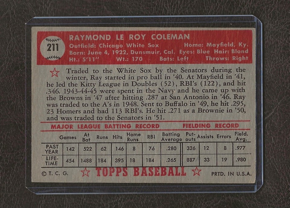 1952 Topps Baseball #211 Ray Coleman, Chicago White Sox, EX (OC) | eBay
