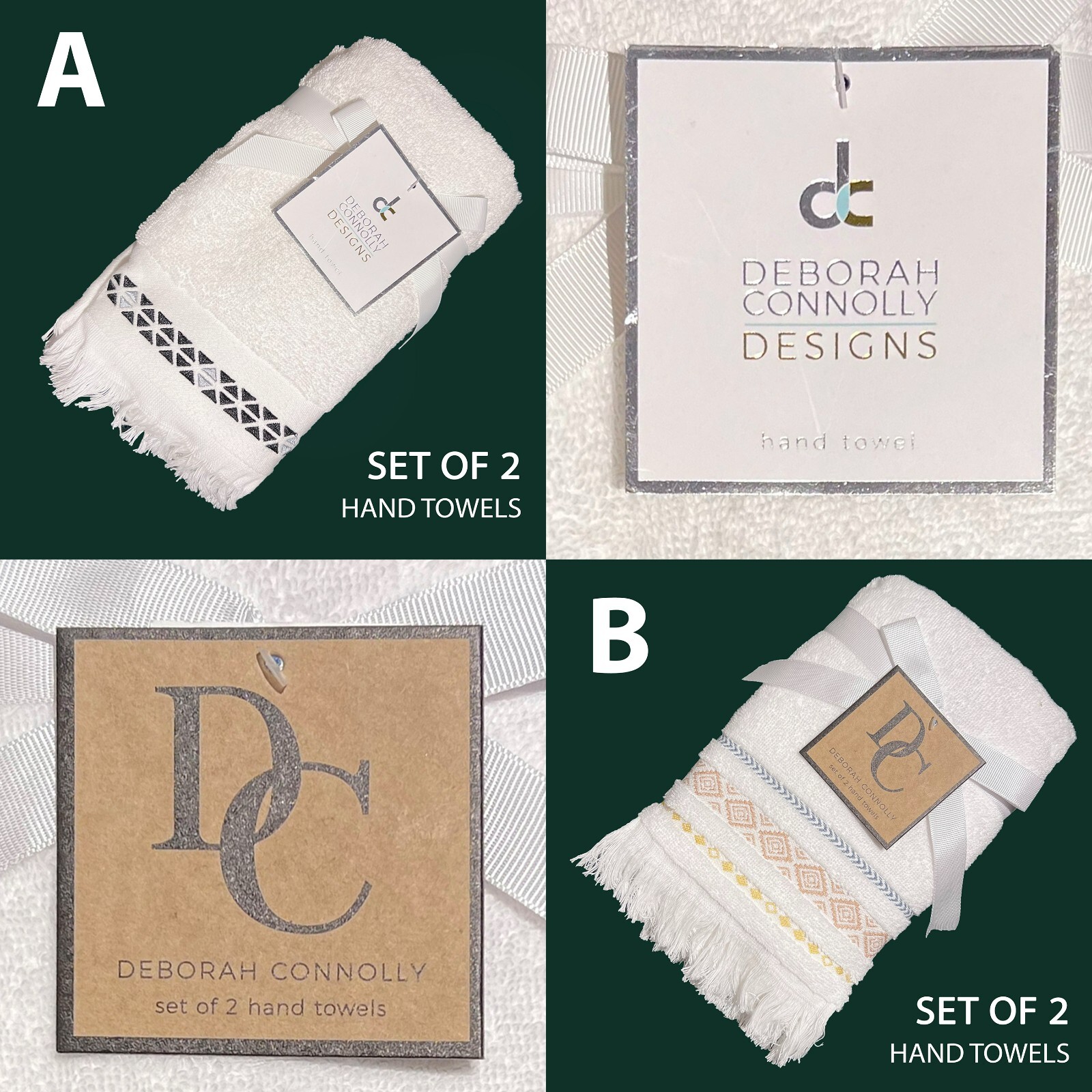 SET OF 2 DEBORAH CONNOLLY Cotton Soft Hand Towels White Geo Aztec ...