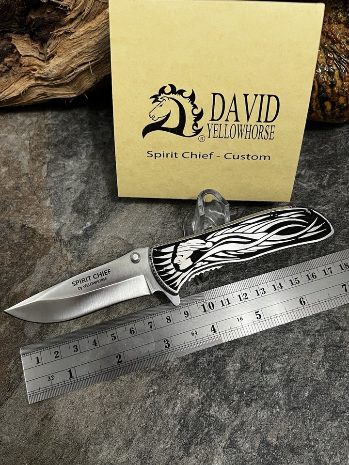 David Yellowhorse Custom Spring Assisted Engraved Spirit Chief Knife ...