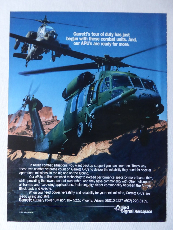 7/1990 PUB ALLIED SIGNAL AEROSPACE GARRETT APU SIKORSKY BLACKHAWK ...