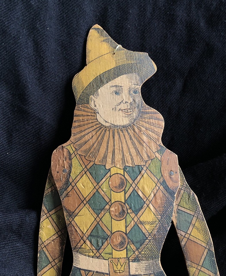 ANTIQUE GERMAN PULL STRING CLOWN JESTER JUMPING JACK LITHO PAPER ON ...