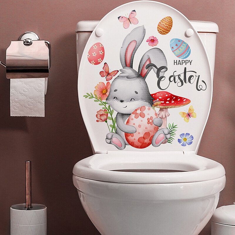Easter Cartoon Bunny Egg Flower Butterfly Toilet Sticker Bathroom Wall ...