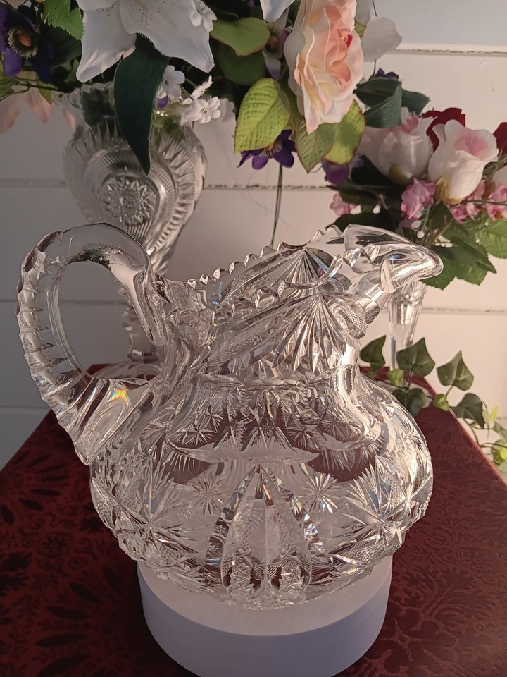 ABP ANTIQUE STOUT CRYSTAL PITCHER STUNNING BRUNSWICK JEWEL STAR ARCH ...