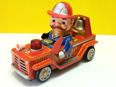 Vintage Modern Tin Toys Flag Fire Engine-Fireman, Battery Operated ...