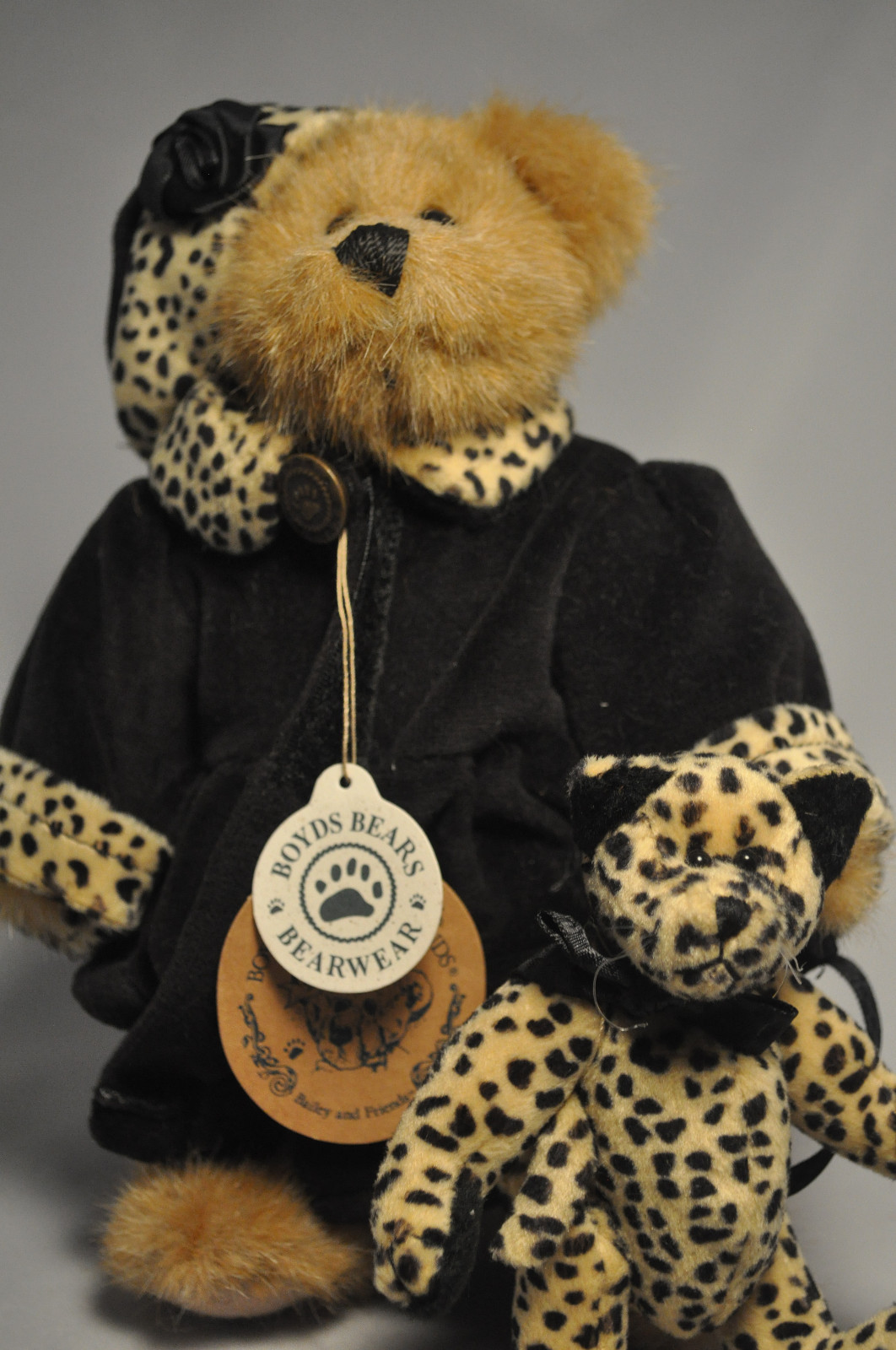 Black Plush Bear with Small Leopard Cat - 9" | eBay