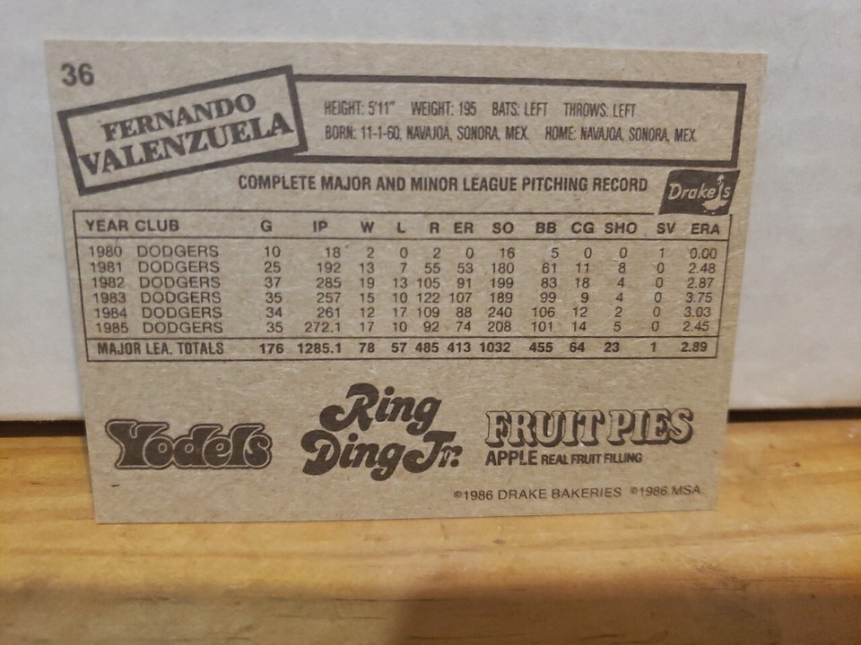 Fernando Valenzuela LA Dodgers 1986 Drake's Super Pitchers Card#36 Mint ...