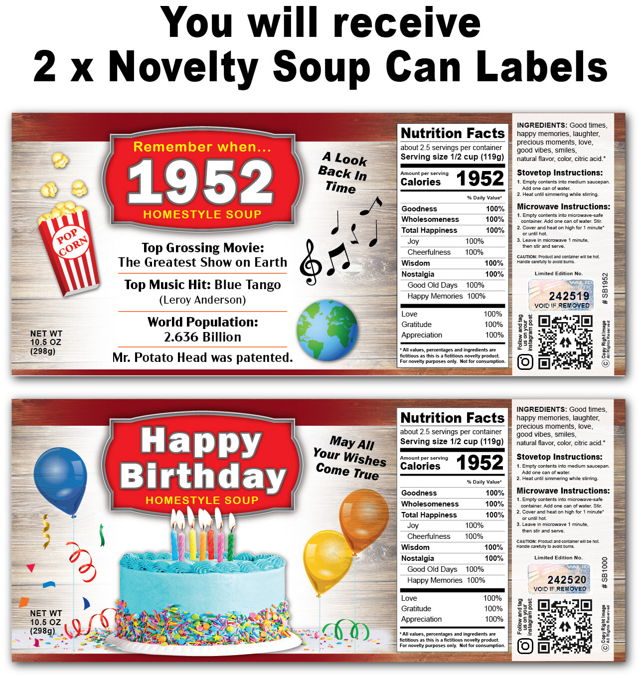 2x Year of Birth 1952 Happy Birthday Soup Can Label UNIQUE GIFT PRESENT ...