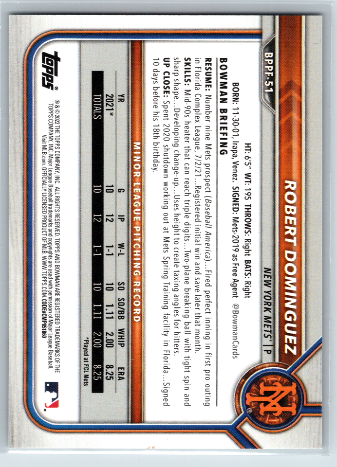 Robert Dominguez 2022 Bowman 1st Edition #BPPF-51 New York Mets | eBay