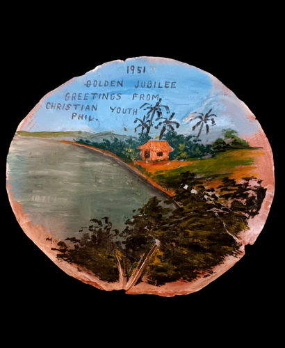 1951 Filipino Hand Painted MOTHER OF PEARL ART Seaside Scene on Shell 4 ...