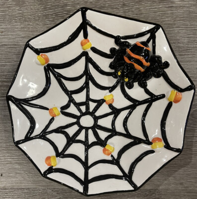 Halloween Candy Dish Plate Ceramic Spider Web Candy Corn Decor | eBay