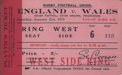 England v Wales - player's ticket 21 Jan 1933 Twickenham RUGBY TICKET ...