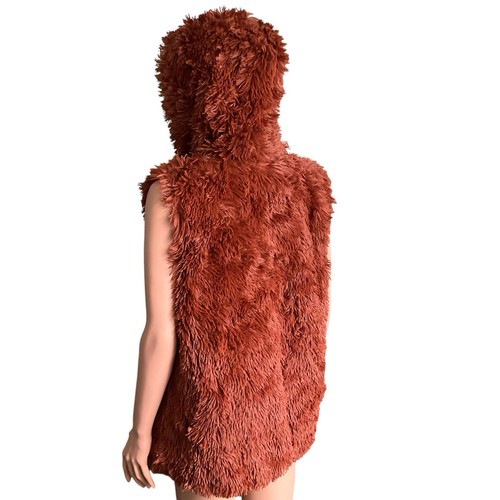 Angie Faux Fur Vest Brown Orange L Women Zip Hood Sleeveless Rustic ...