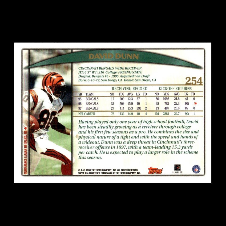 David Dunn 1998 Topps Cincinnati Bengals #254 R324A 32 | eBay