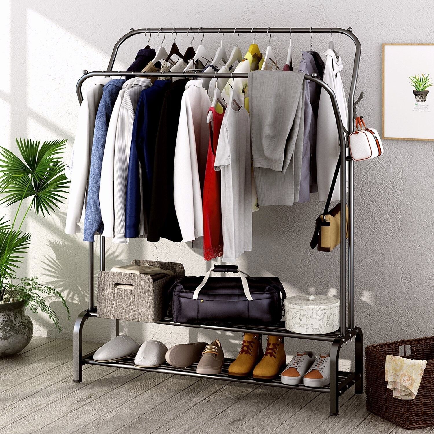 2 Layer Clothes Rack Heavy Duty Clothing Garment Rack Double Hanging ...