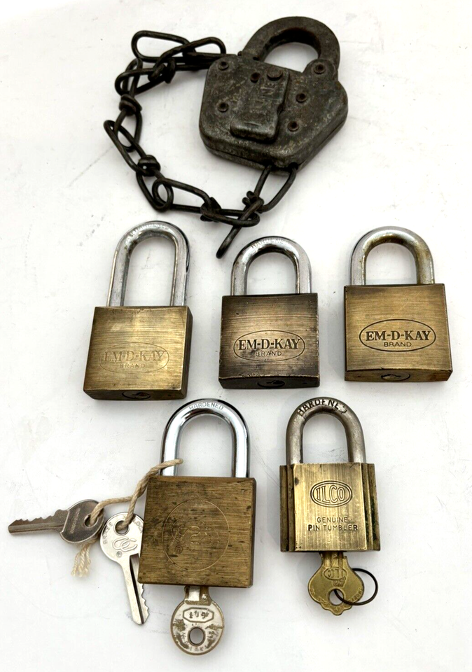 Lot of 6 Vintage Antique Padlocks Keline, ILCO, EM-D-KAY, Keys on 2 | eBay