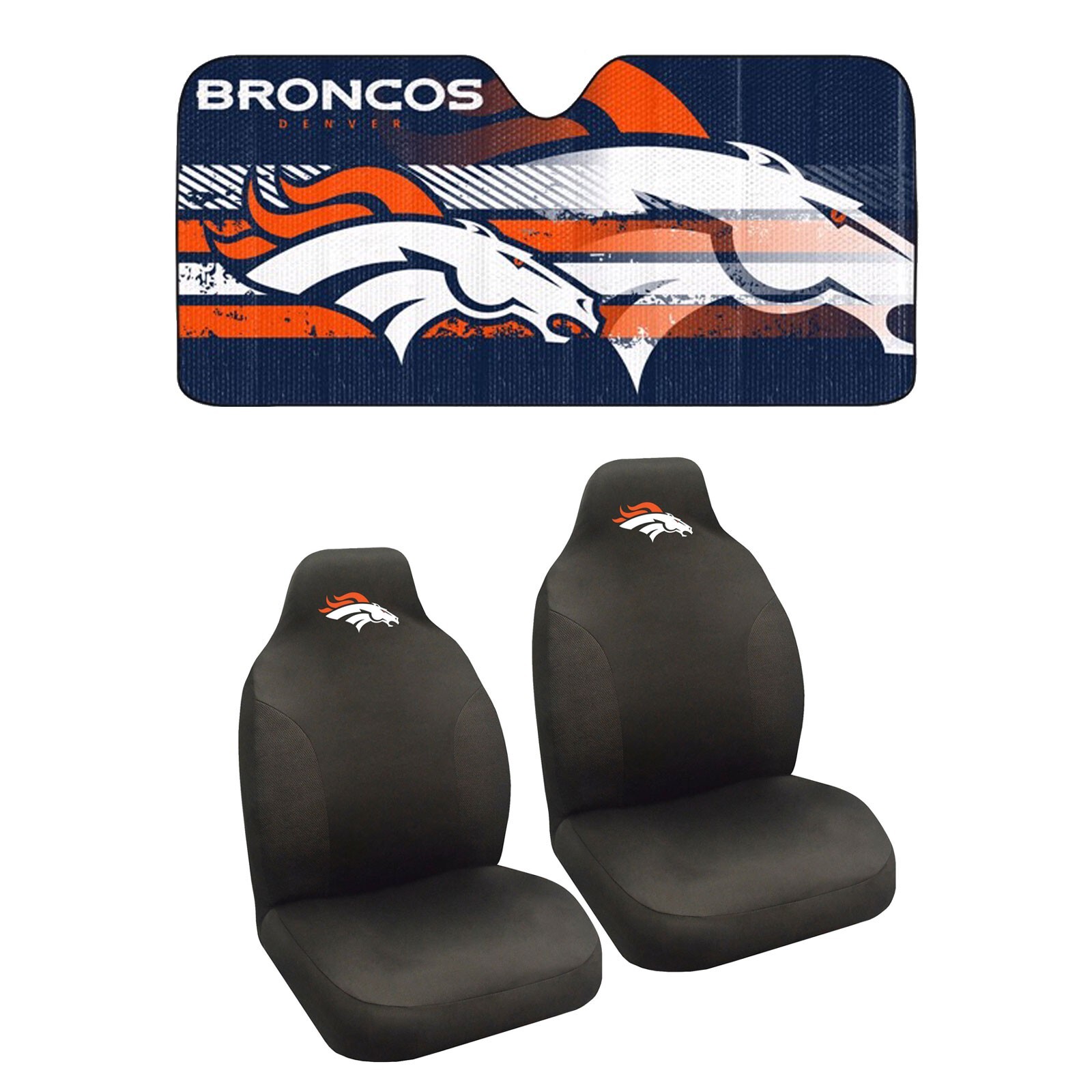 NEW NFL DENVER BRONCOS 2PC Seat Covers and Windshield Folding Sun Shade ...