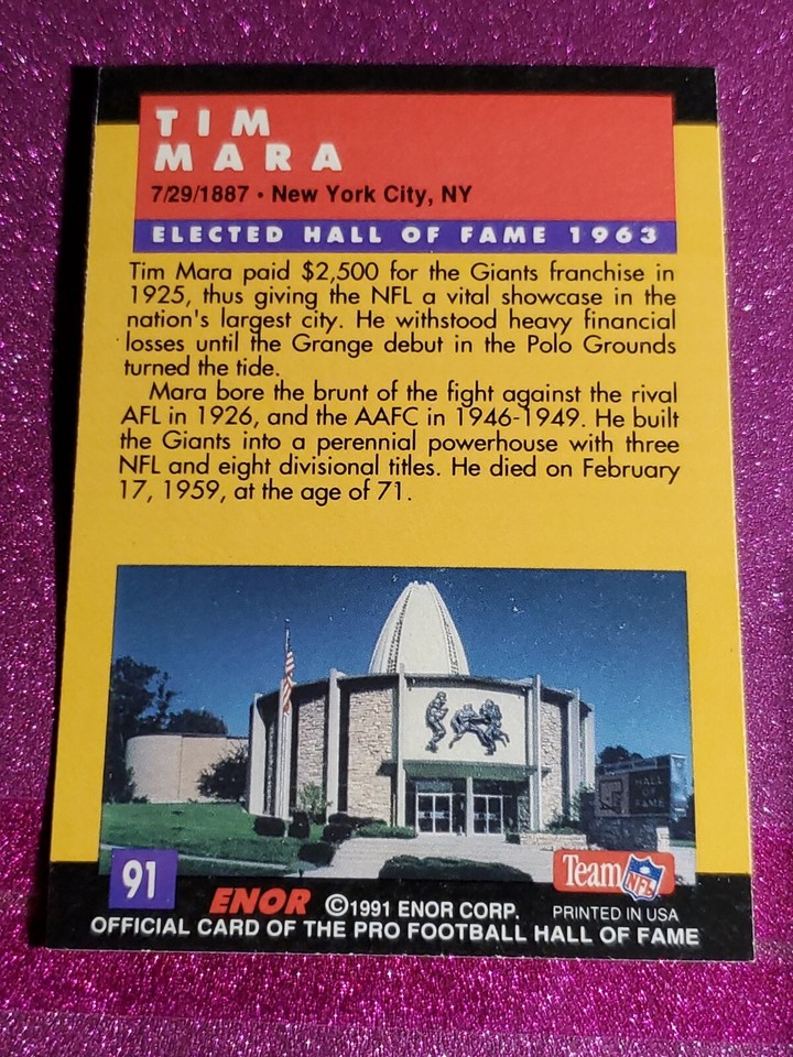 1991 Enor Pro Football Hall of Fame Tim Mara #91 HOF Football Card | eBay