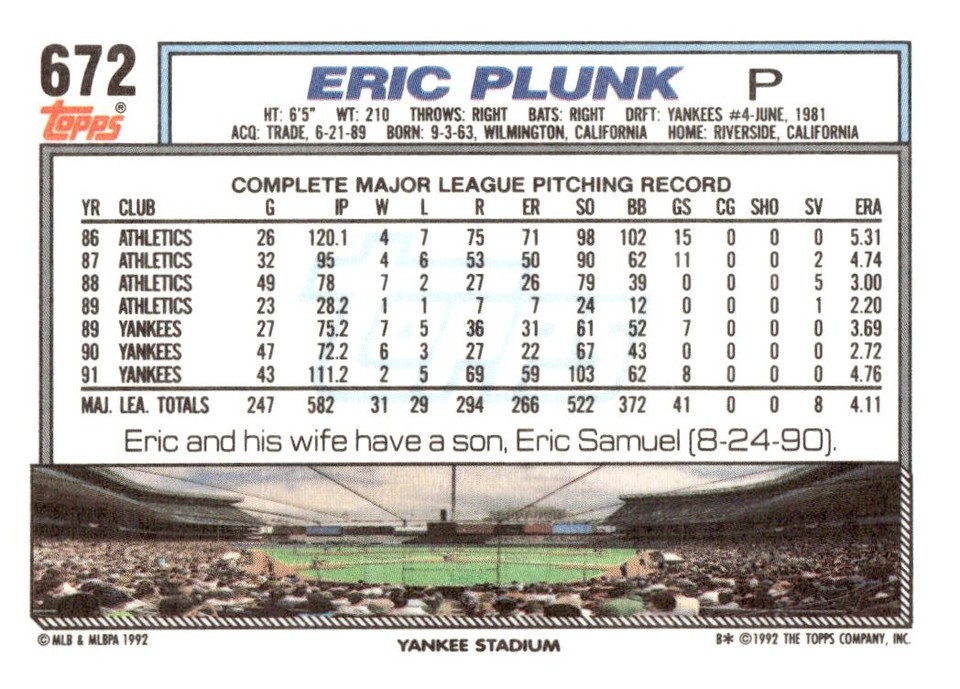 1992 Topps #672 Eric Plunk - New York Yankees | eBay