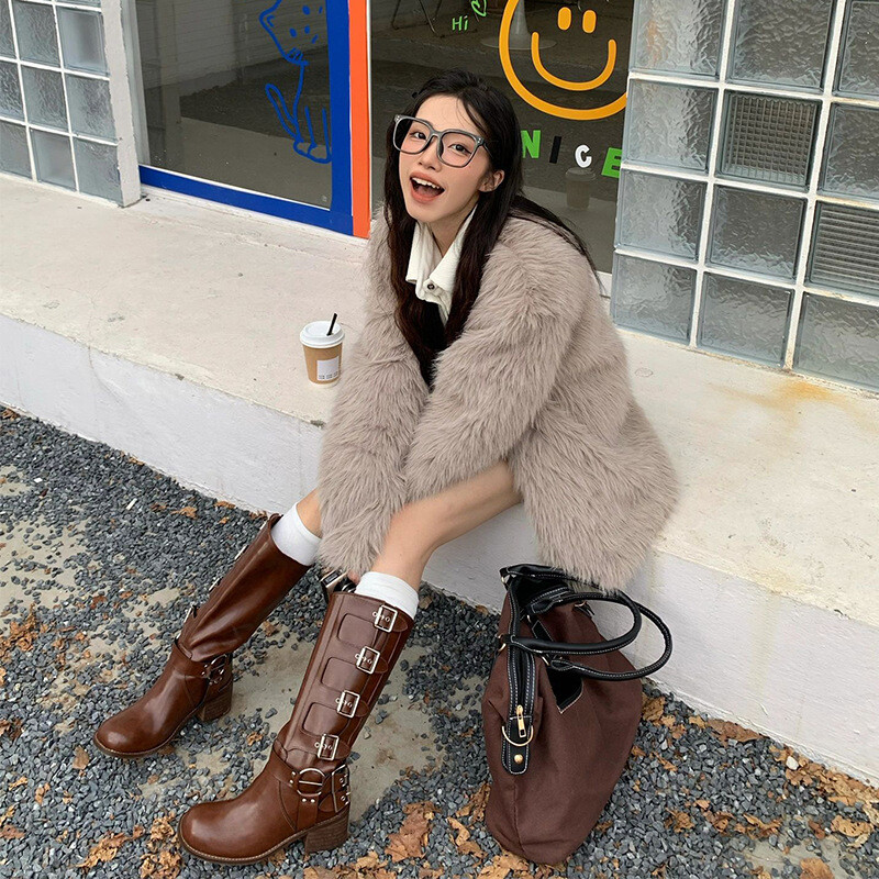 Lady Real Leather Metal Rivet Buckle Riding Boot Mid-Calf Western ...