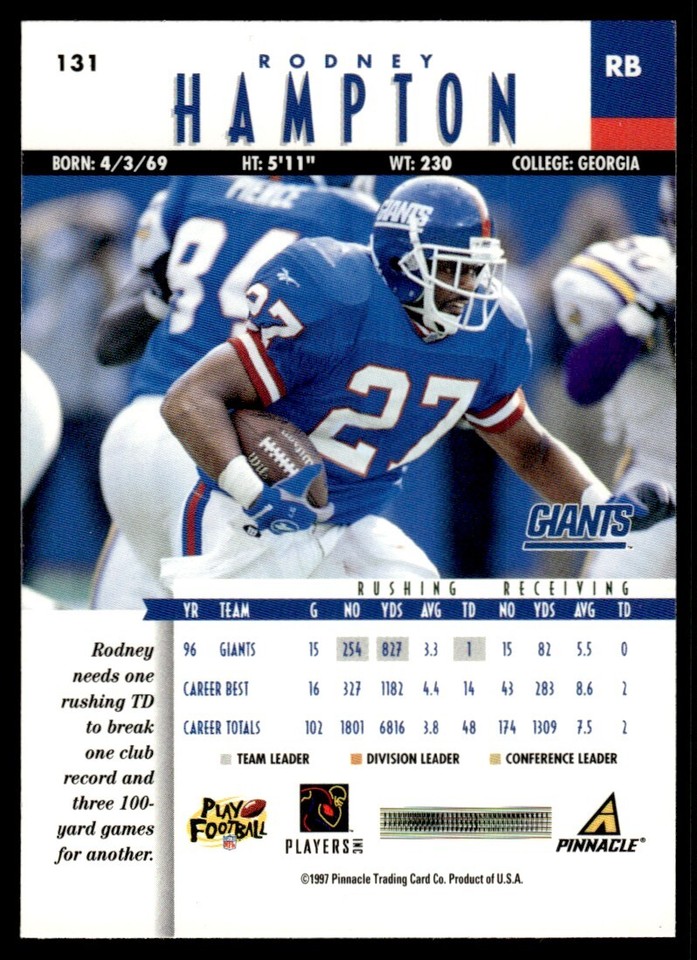 1997 Pinnacle Rodney Hampton New York Giants #131 | eBay