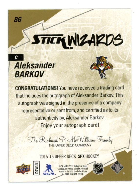 2015 16 SPX ALEKSANDER SASHA BARKOV Signed Auto Stick Wizards Panthers ...