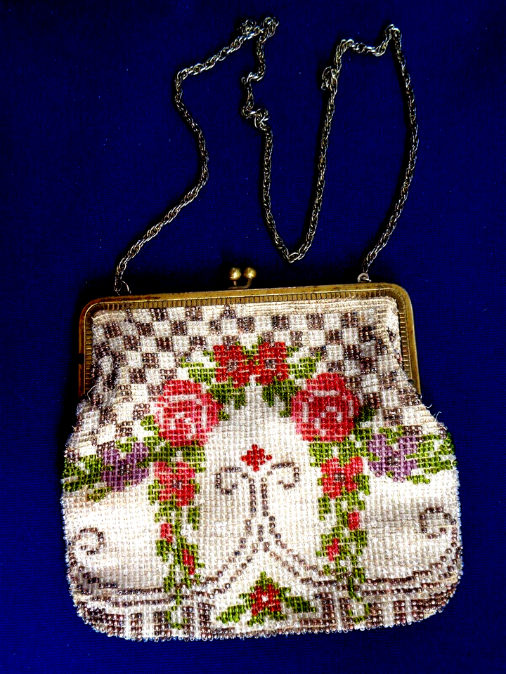 Vintage Flapper Beaded Purse Bag - Roses, Long Chain Handle, Light ...