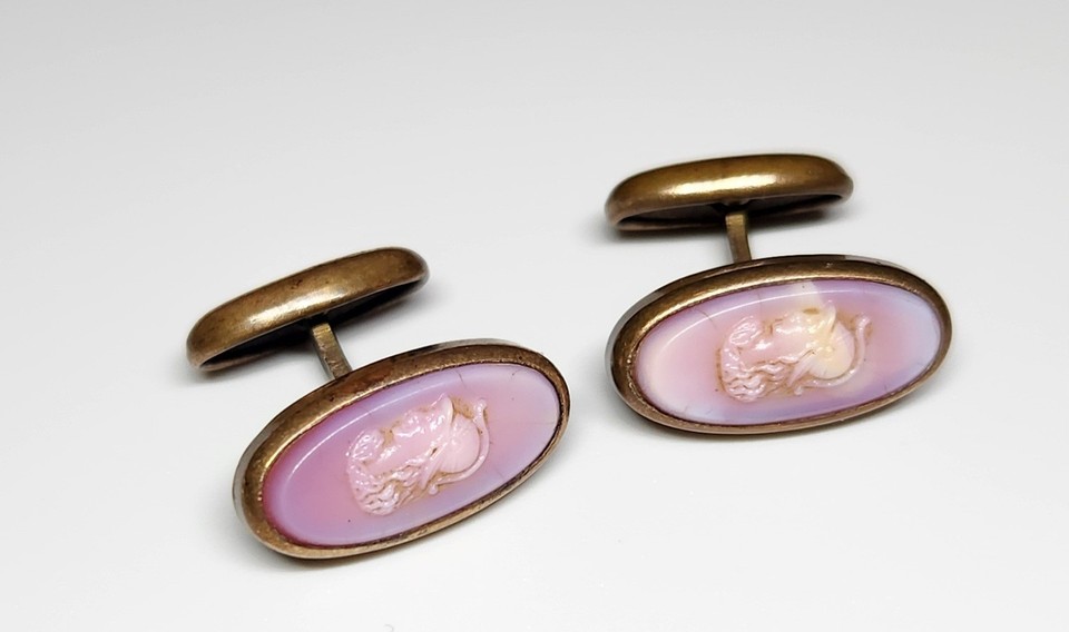 Vintage Victorian Pink Shell Cameo Cufflinks. Brass Bean Back Pink ...