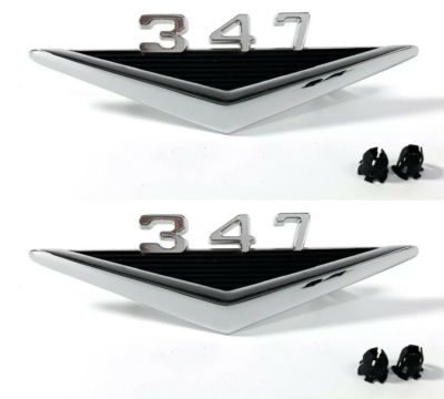 Pair Chrome 347 V8 Fender Emblems w/ Clips For 1964-1966 Ford Mustang ...