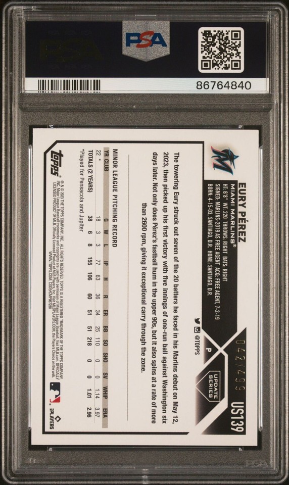 EURY PEREZ 2023 TOPPS GREEN FOIL /499 ROOKIE MIAMI MARLINS US139 POP 3 ...